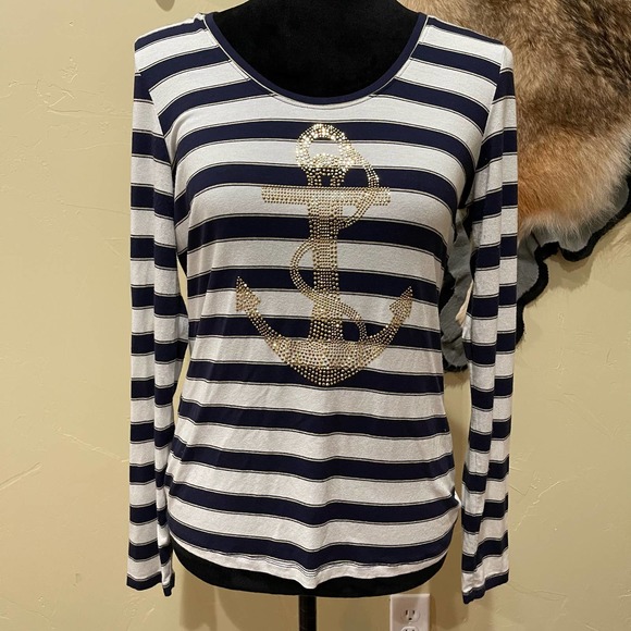 Cache | Tops | Cache Nautical Gold Embellished Anchor Long Sleeve Shirt ...